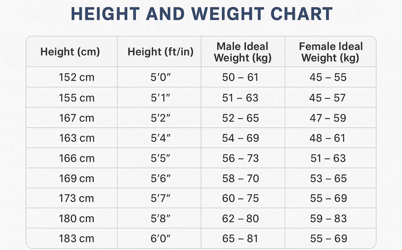Height Weight Chart for Male and Female.